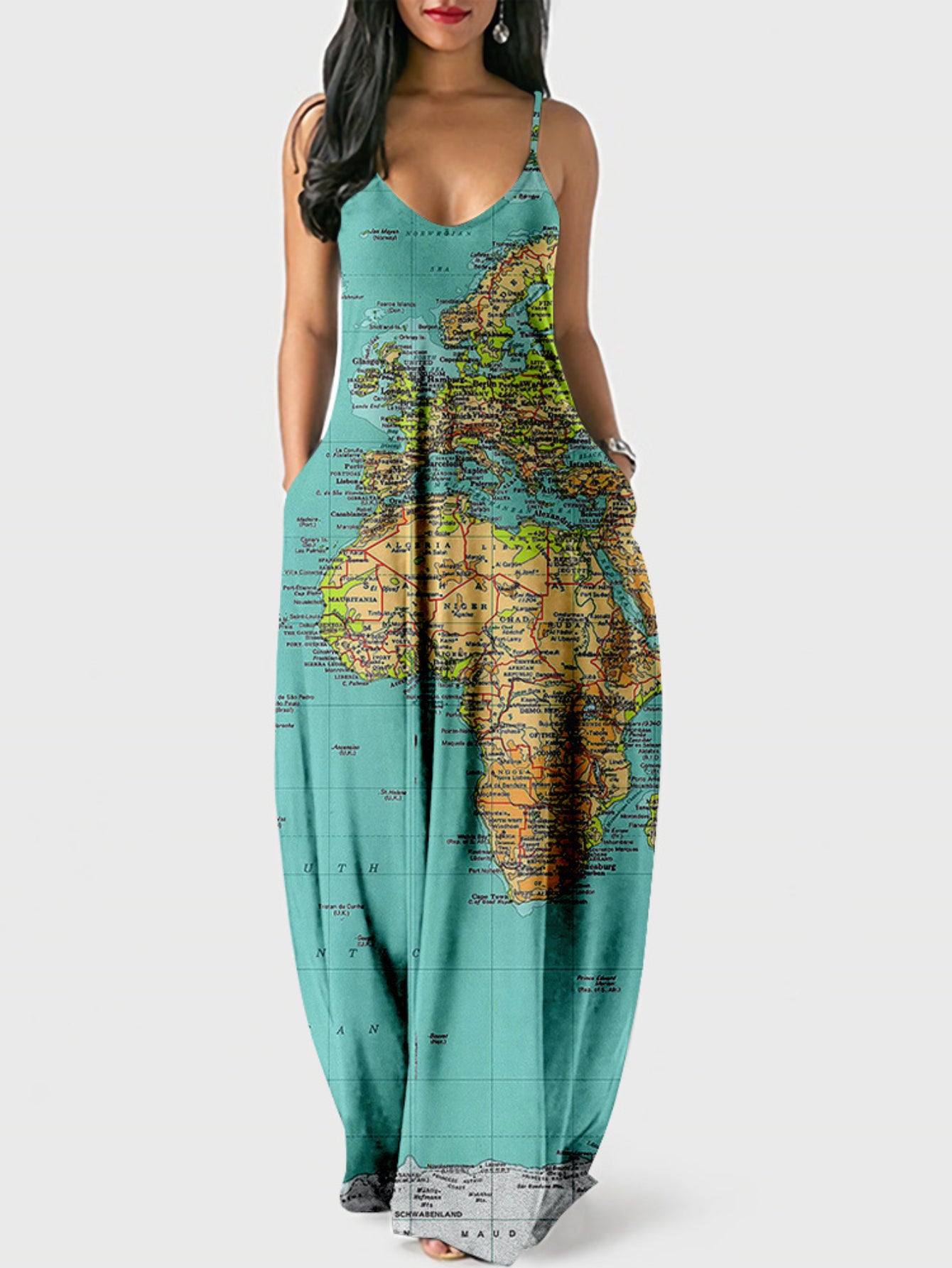 World Map Print Maxi Dress with Pockets – HerAllures